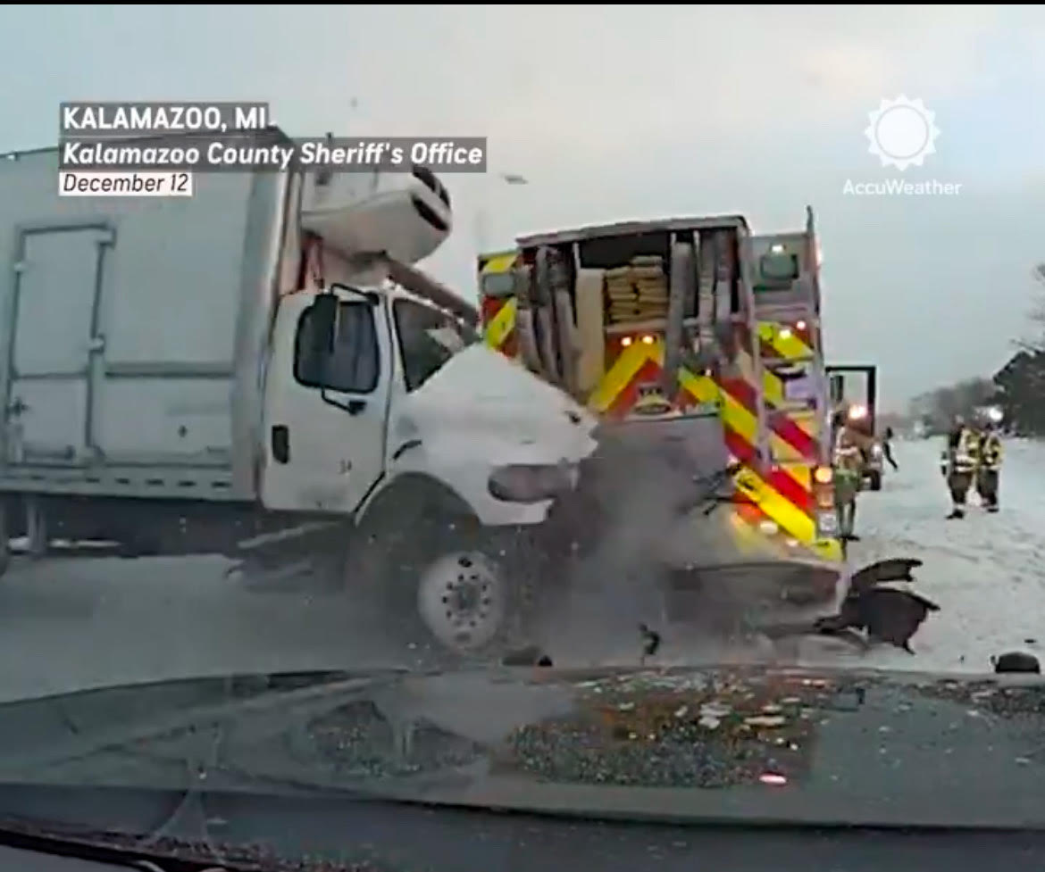 VIDEO: Firefighters Escape Injury as Vehicle Slams into Truck on Snowy ...