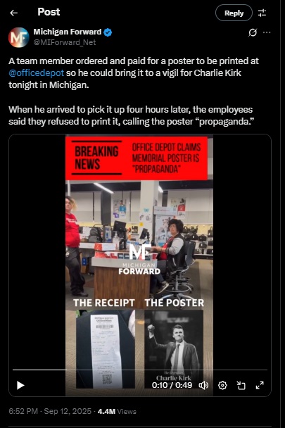 Office Depot Fires Employee Who Refused To Produce A Charlie Kirk Poster Because It Was 'Propaganda'